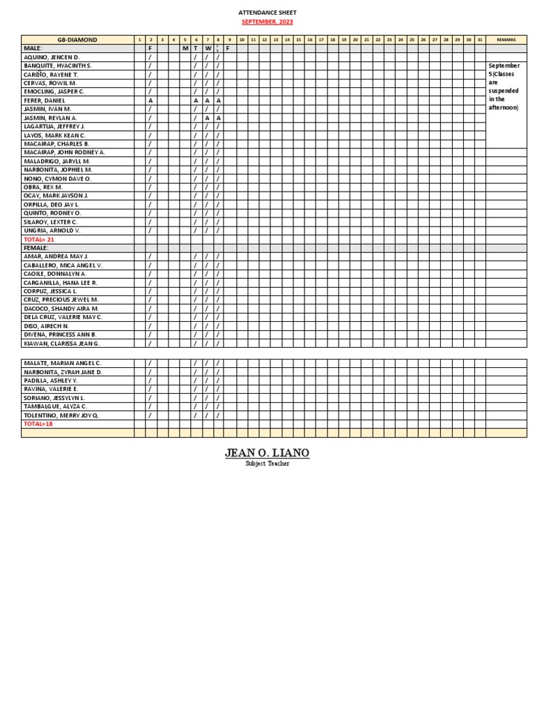 Attendance Sheet Diamond | PDF