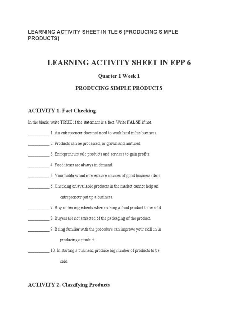 LEARNING ACTIVITY SHEET IN TLE 6 q1 | PDF | Food And Drink