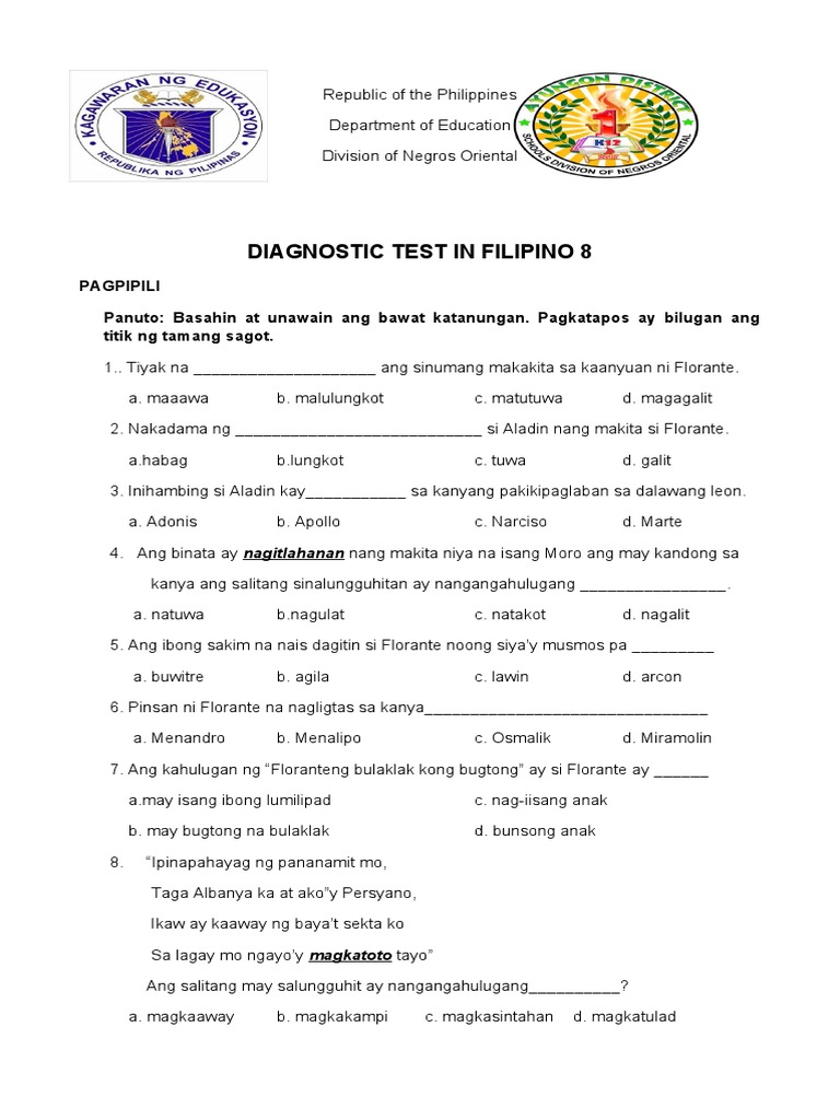 Diagnostic Test in Filipino 8 2022 2023 | PDF