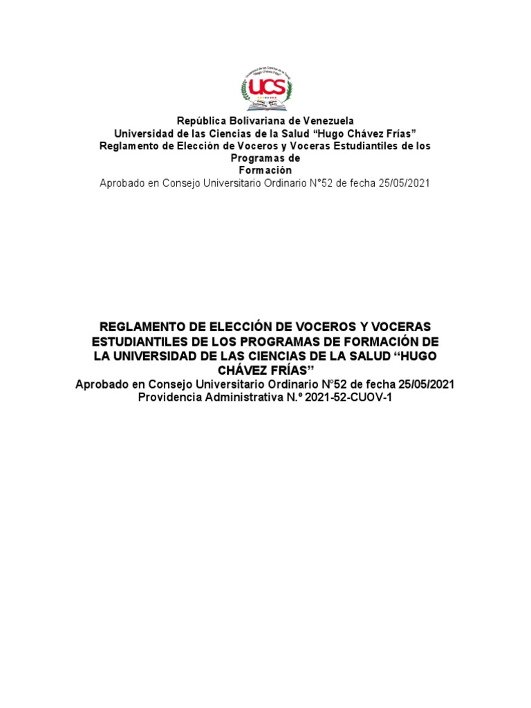 Reglamento de Elección de Voceros (As) Estudiantiles de La Ucs | PDF | Venezuela | Hugo Chavez