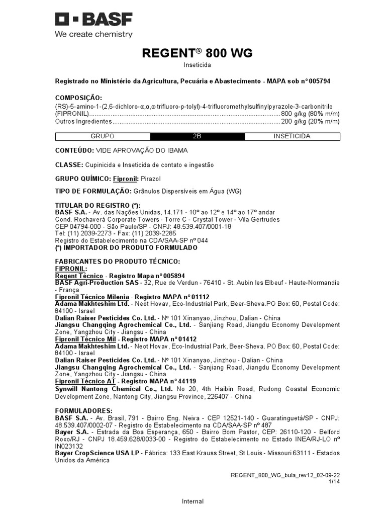 Bula - Regent® 800 WG | Download grátis PDF | Agricultura | Desperdício