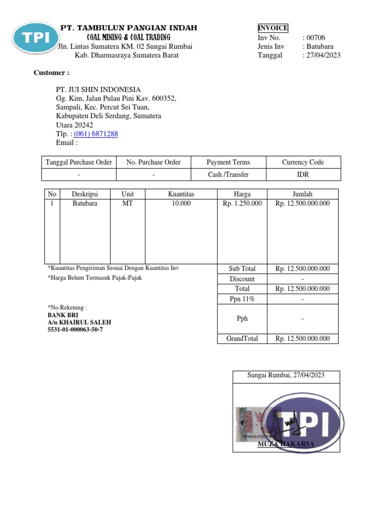 2024.04.27 INV-706 TPI-JSI (Invoice Pemesanan Batubara) - INV - 706 | PDF