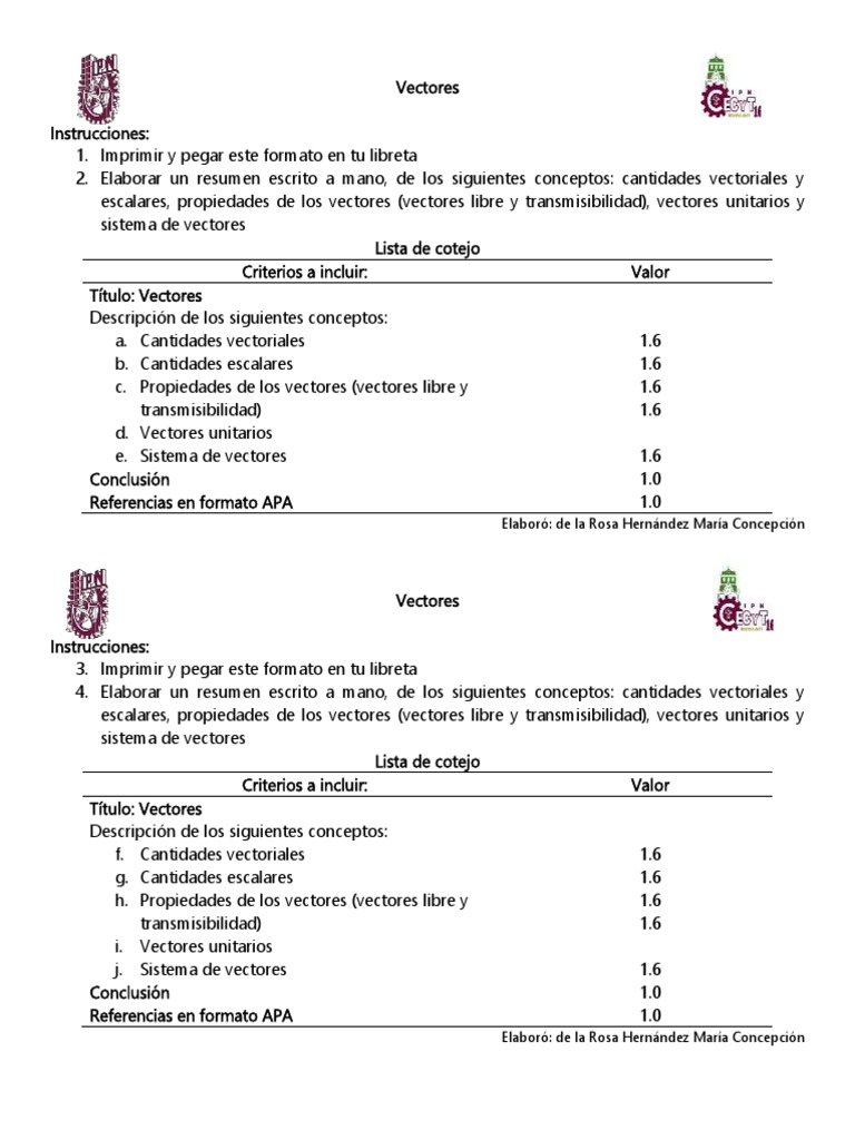 Lista de Cotejo. Vectores | PDF | Vector Euclidiano | Geometria clasica