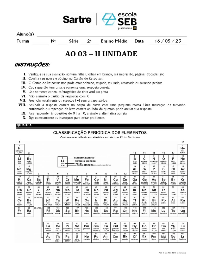 Avaliação de Química e Filosofia/Sociologia | PDF | Equilíbrio químico ...