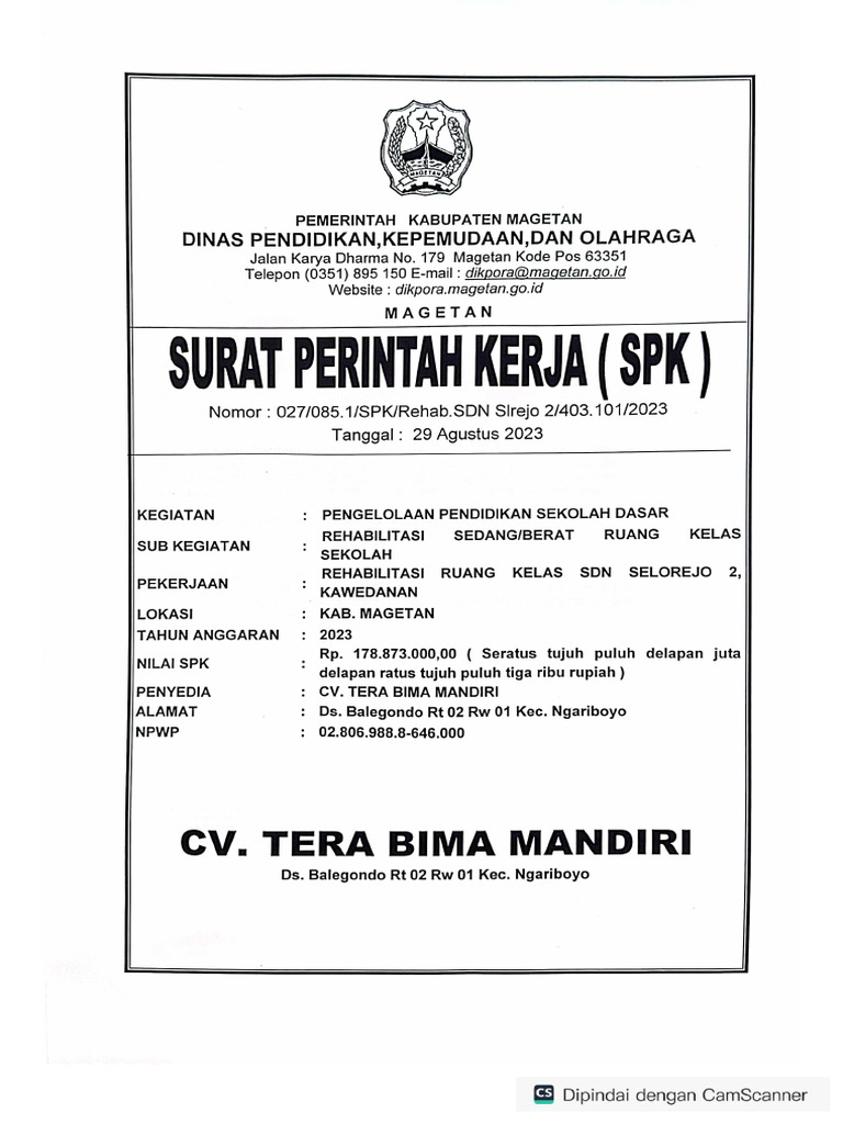 SPK Rehab RK SDN Selorejo 2 Kec. Kawedanan Cv. Tera Bima Mandiri 2023 | PDF