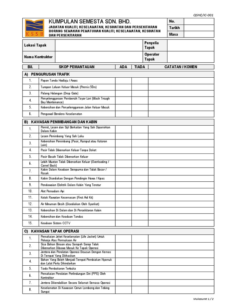 Borang Semakan Pematuhan Kualiti, Kesihatan, Keselamatan Dan ...