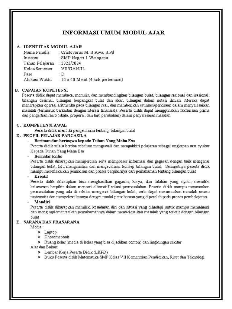 Modul Ajar Bilangan Bulat | PDF