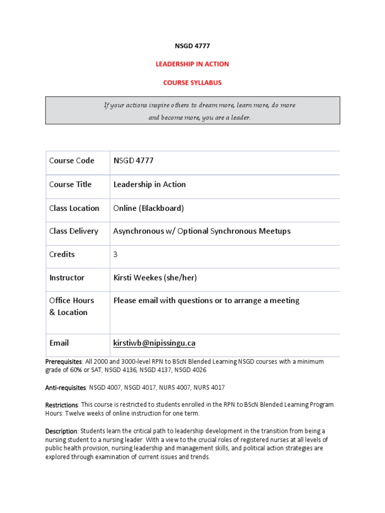 NSGD-4777 Course Syllabus, Fall, 2023 | PDF | Nursing | Leadership