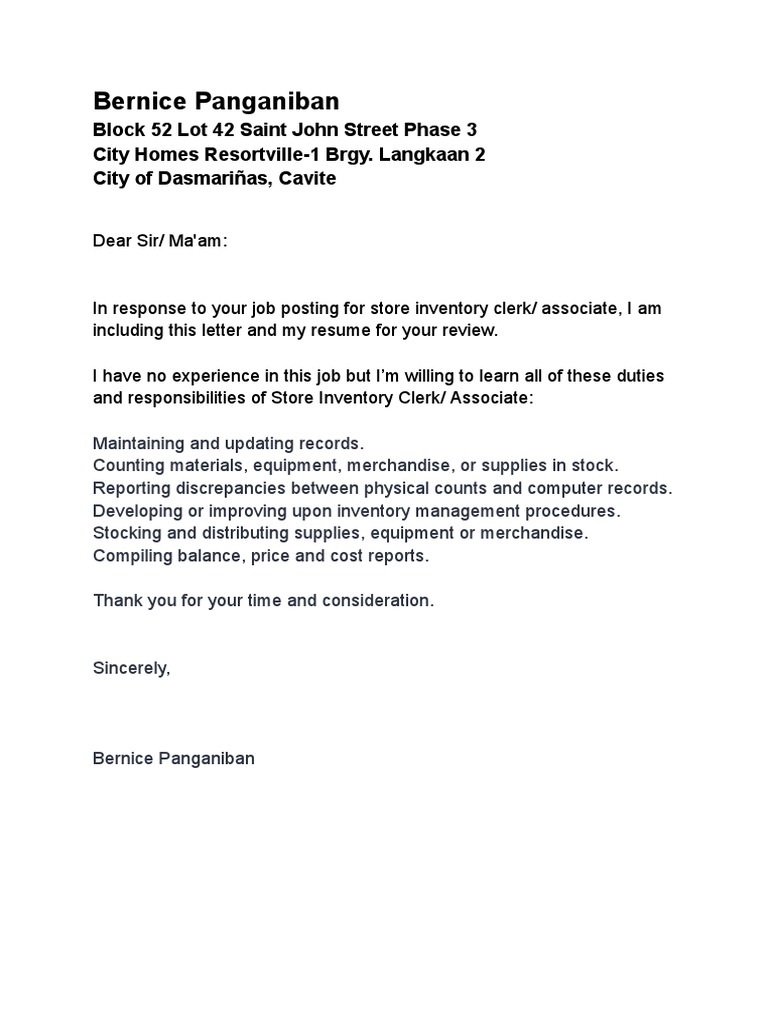 Inventory Clerk_application Letter | PDF