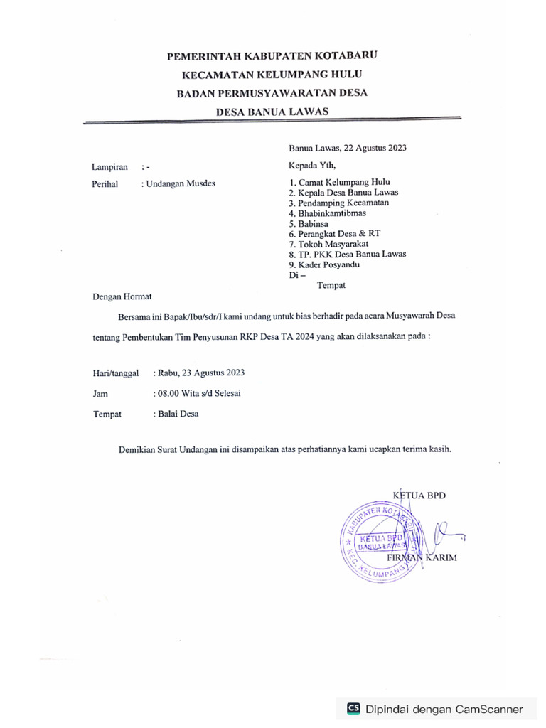 Undangan Musdes Pembentukan Tim RKP Desa Banua Lawas | PDF