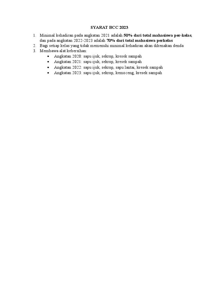 Syarat Kehadiran dan Kebersihan BCC 2023 | PDF