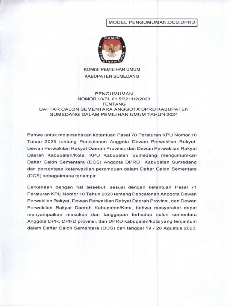 Daftar Calon Sementara DPRD Sumedang | PDF