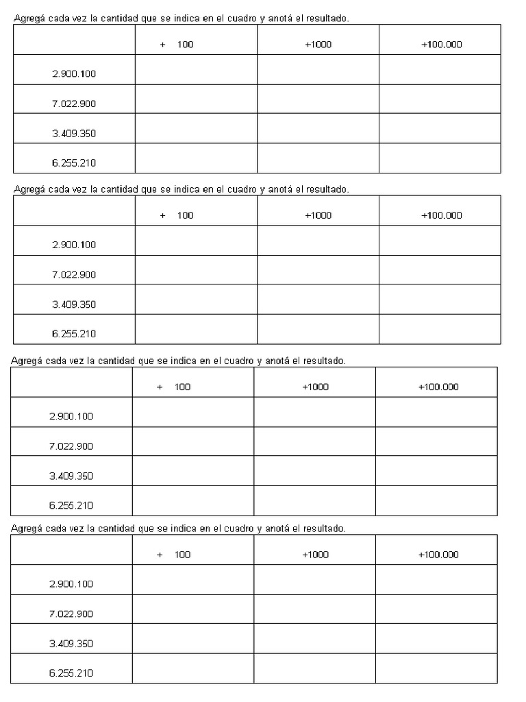 Cuadro Sumas 10, 1000 y 100000 | PDF