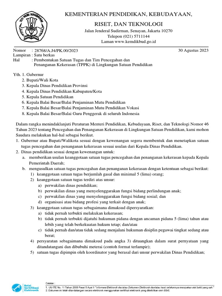 Surat Dinas Sesjen Kemendikbudristek Perihal Pembentukan TPPK Dan Satuan Tugas Pencegahan Dan ...