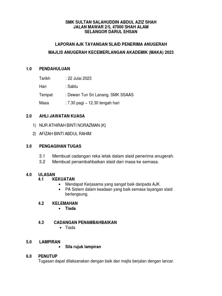 Laporan Ajk Tayangan Slaid Penerima Anugerah | PDF