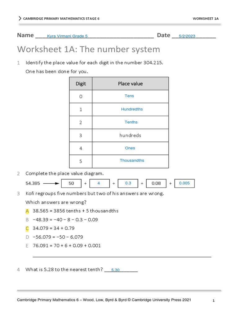 Worksheet 1A | PDF | Numbers | Elementary Mathematics