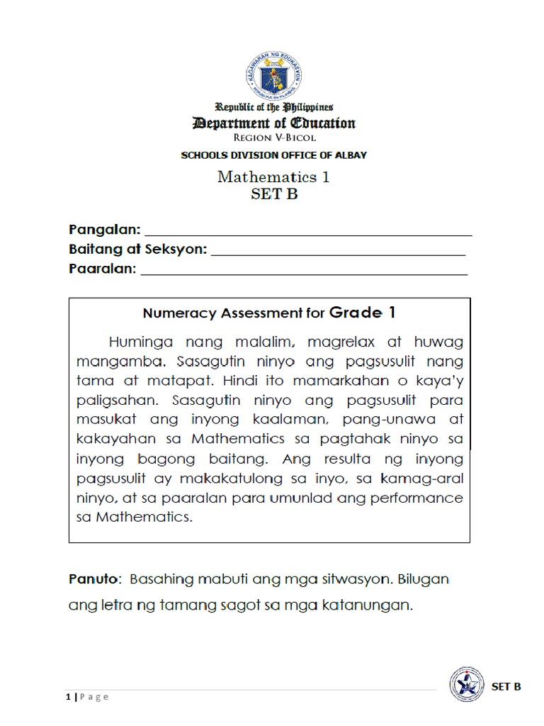 Numeracy Assessment Tool Grade 1 | PDF