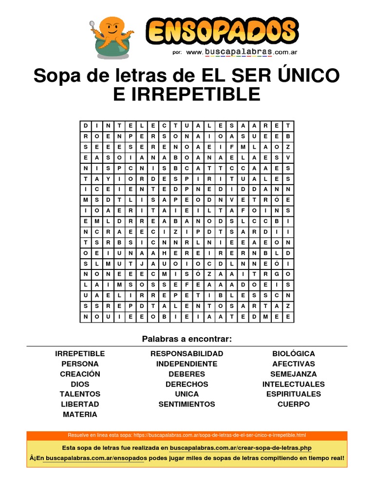 Sopa de Letras: Ser Único e Irrepetible | PDF