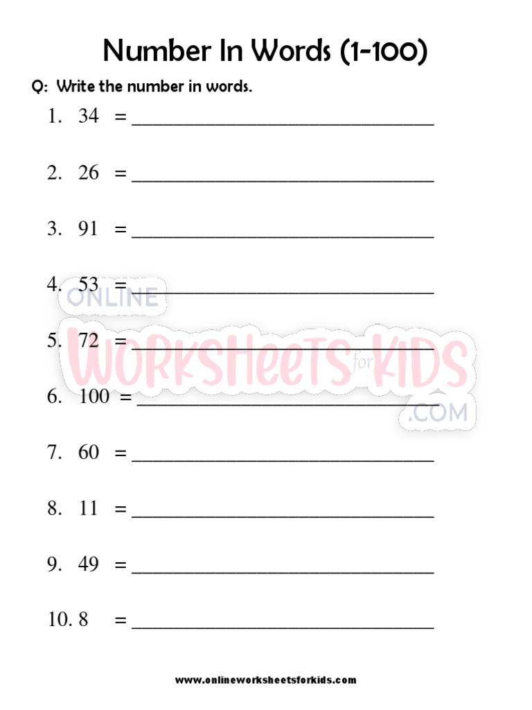 Number Words Worksheet 1-100 For Grade 1-6 | PDF