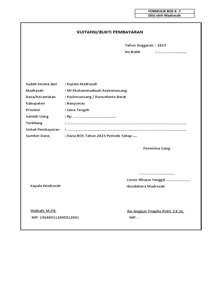 FORMULIR BOS K 7 Diisi Oleh Madrasah | PDF