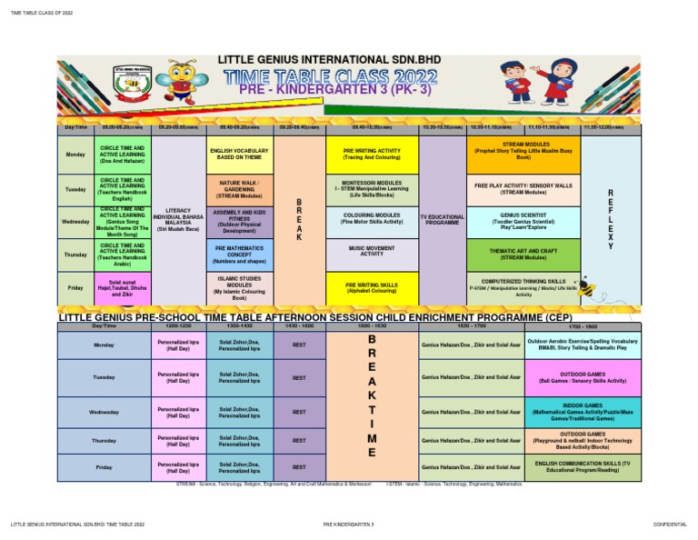 Little Genius Time Table Class PK3 2022 Latest | PDF | Learning | Cognition