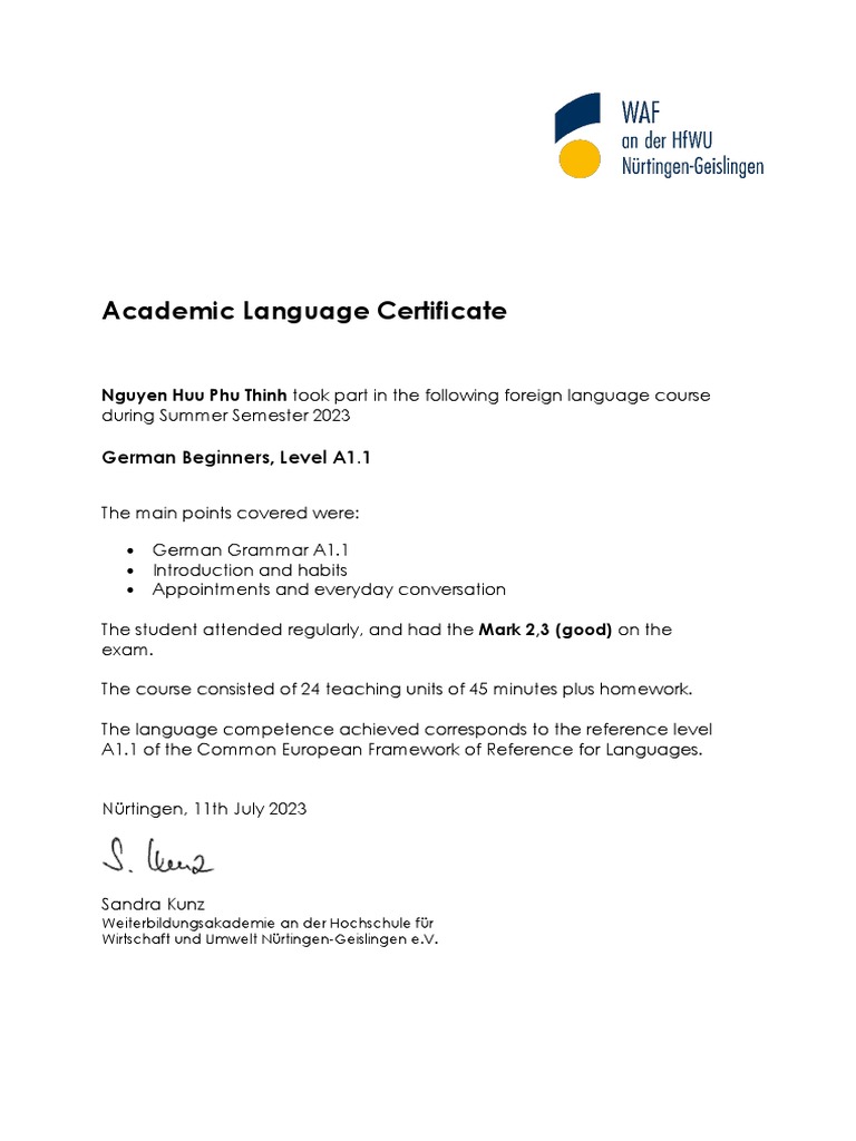 Zeugnis German Beginners A1.1 Thinh | PDF Zeugnis German Beginners A1.1 Thinh | PDF