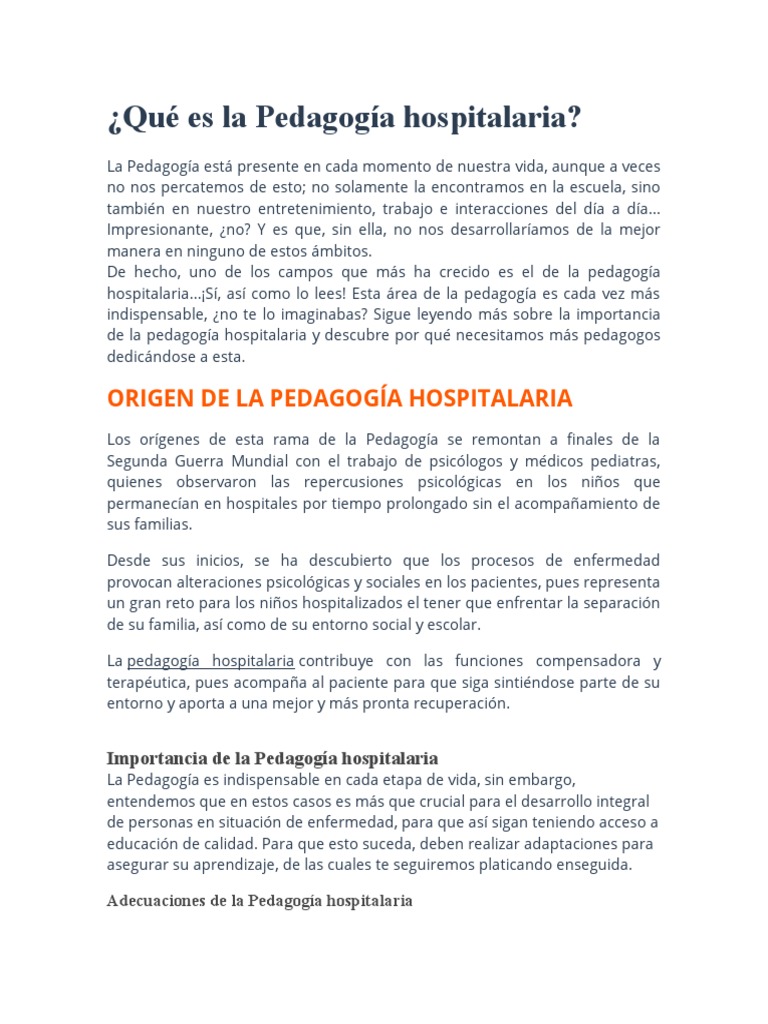 Importancia de la Pedagogía Hospitalaria | PDF | Pedagogía | Sicología
