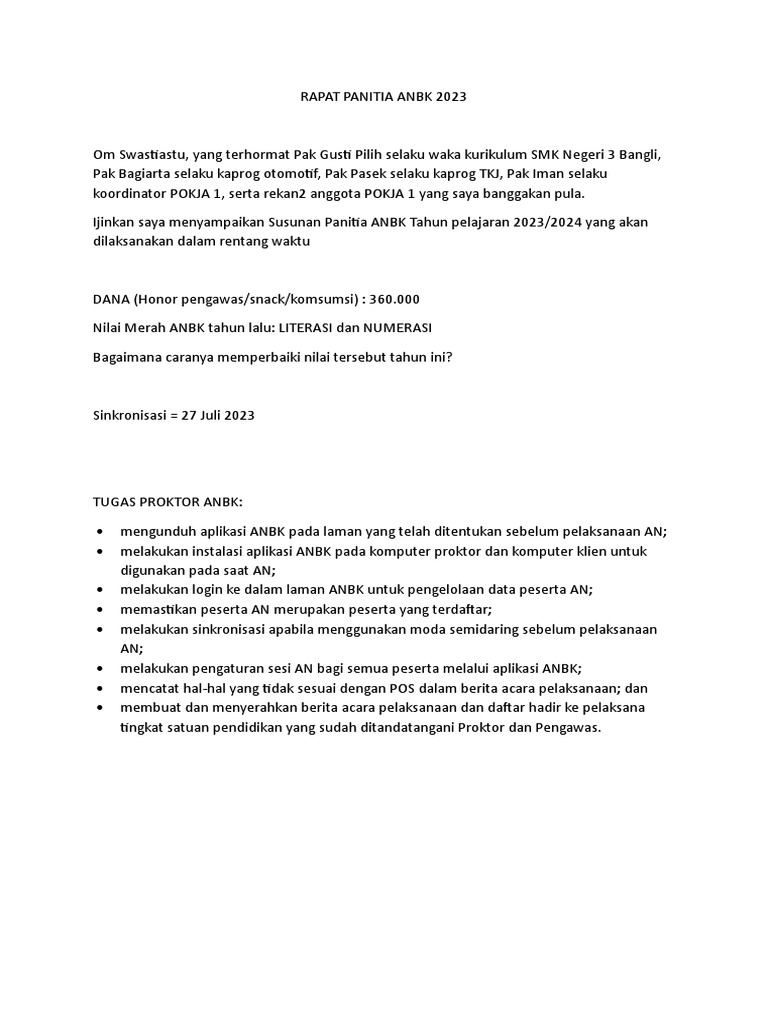 Rapat Panitia Anbk 2023 | PDF