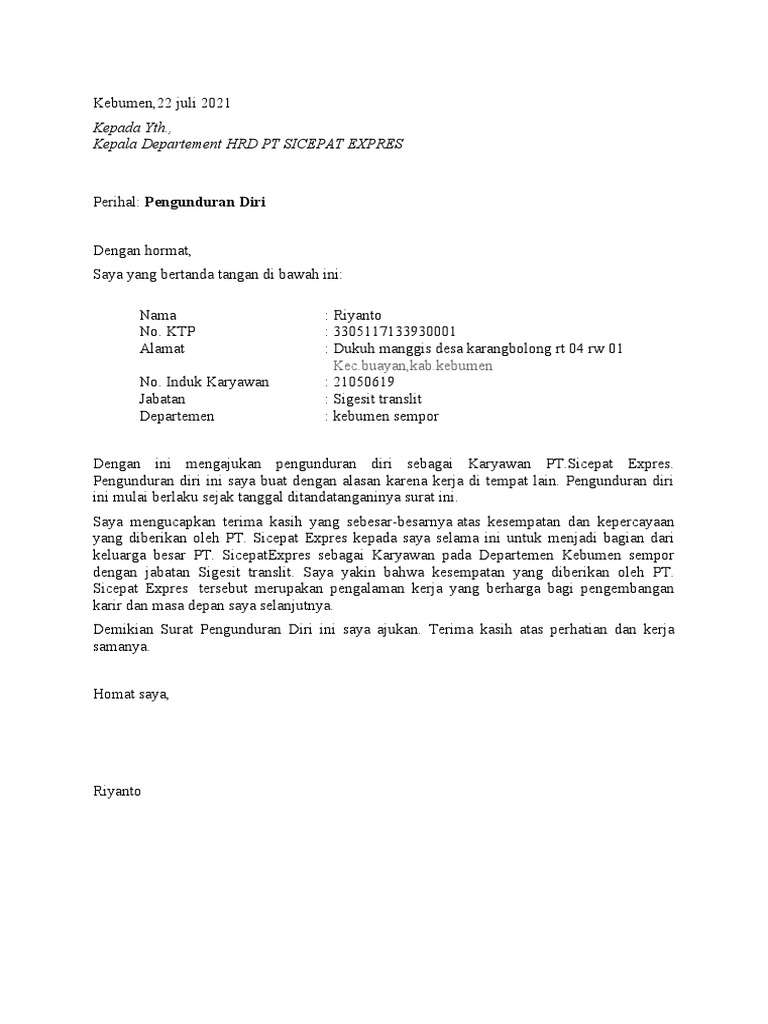 Kepada Yth., Kepala Departement HRD PT SICEPAT EXPRES: Kec - Buayan, Kab - Kebumen | PDF