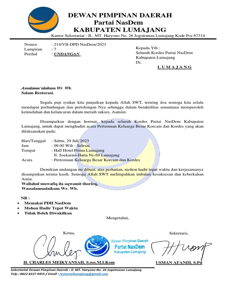 Undangan Pertemuan Kordes NasDem | PDF