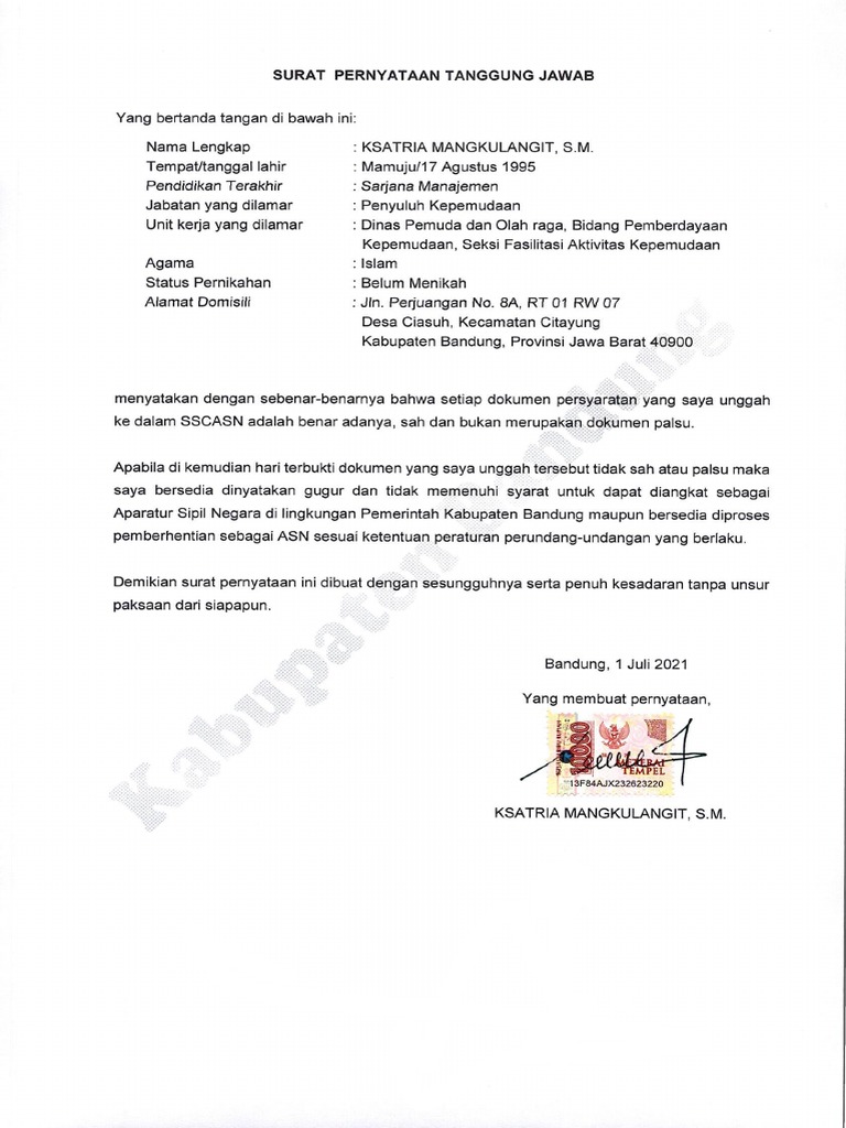 6 Contoh Surat Pertanggungjawaban Keabsahan Dokumen Seleksi Asn Kab BDG ...