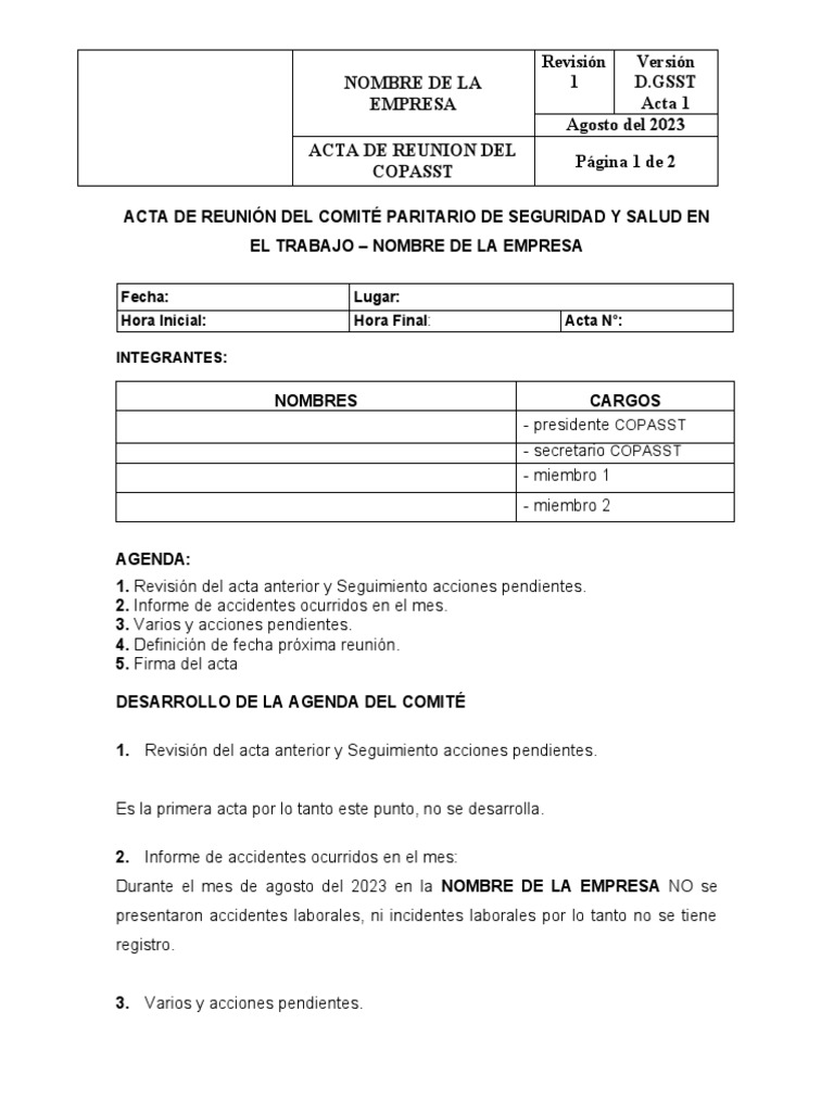Acta de Reunion - Copasst | PDF