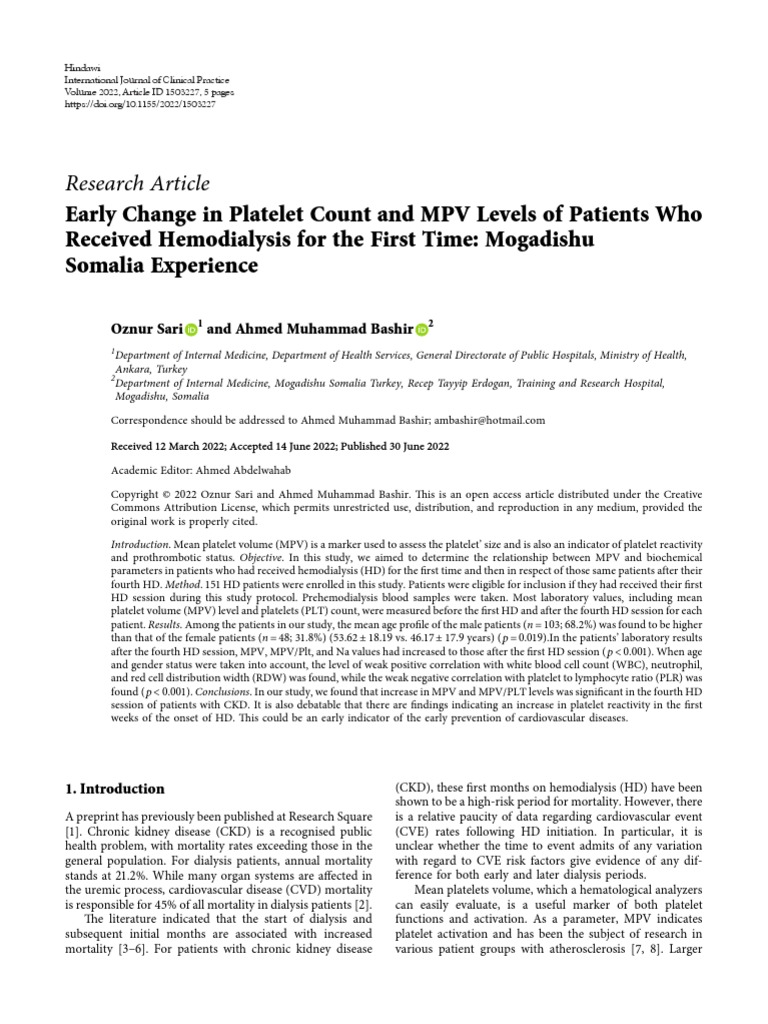 Early Change in Platelet Count and MPV Levels of Patients Who Received ...