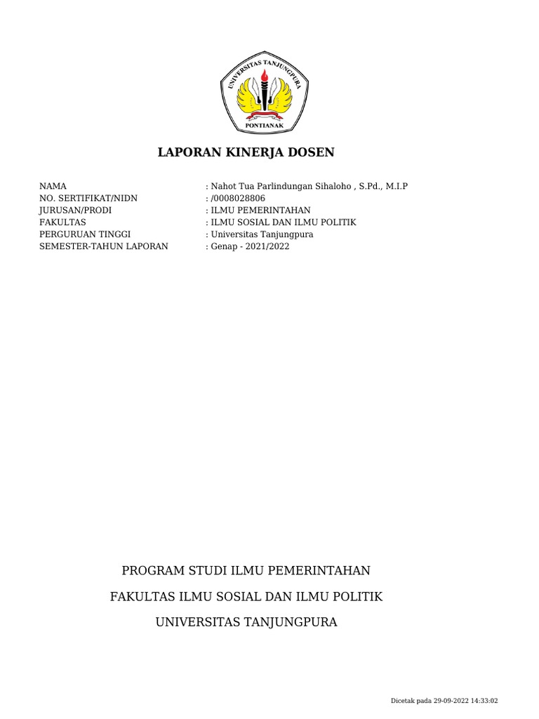 Laporan Kinerja Dosen Tahun 2021 - 2022 Semester Genap (Nahot Tua Parlindungan Sihaloho, S.PD ...
