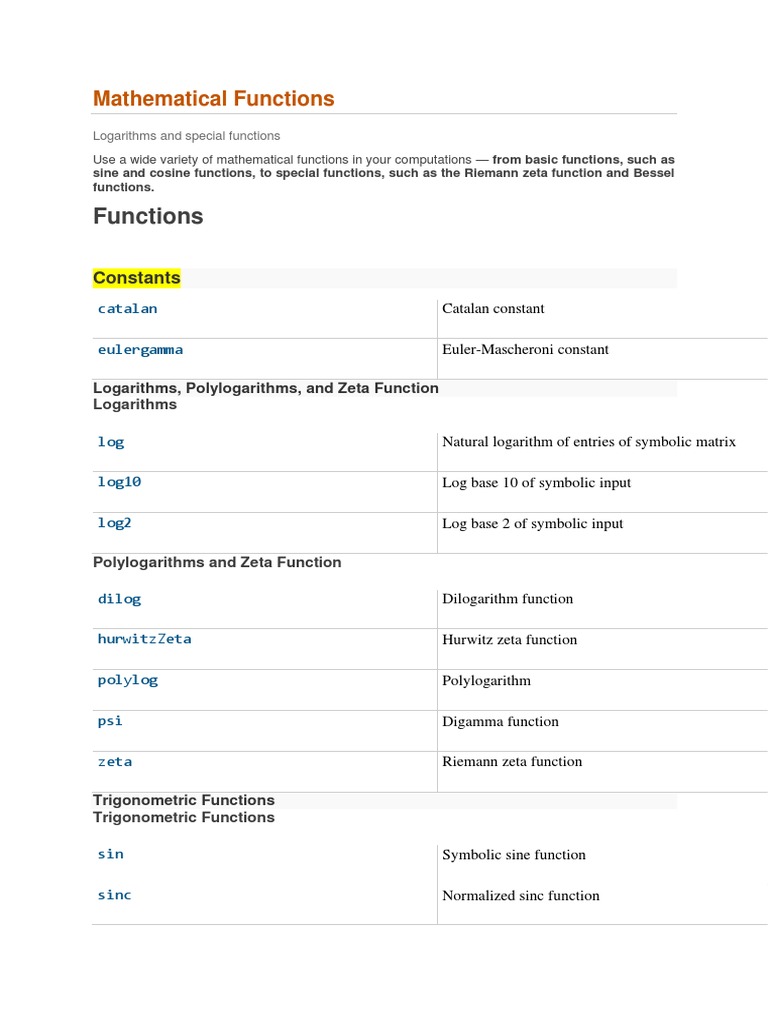 Matlab Functions and Constants | PDF | Trigonometric Functions | Complex Number