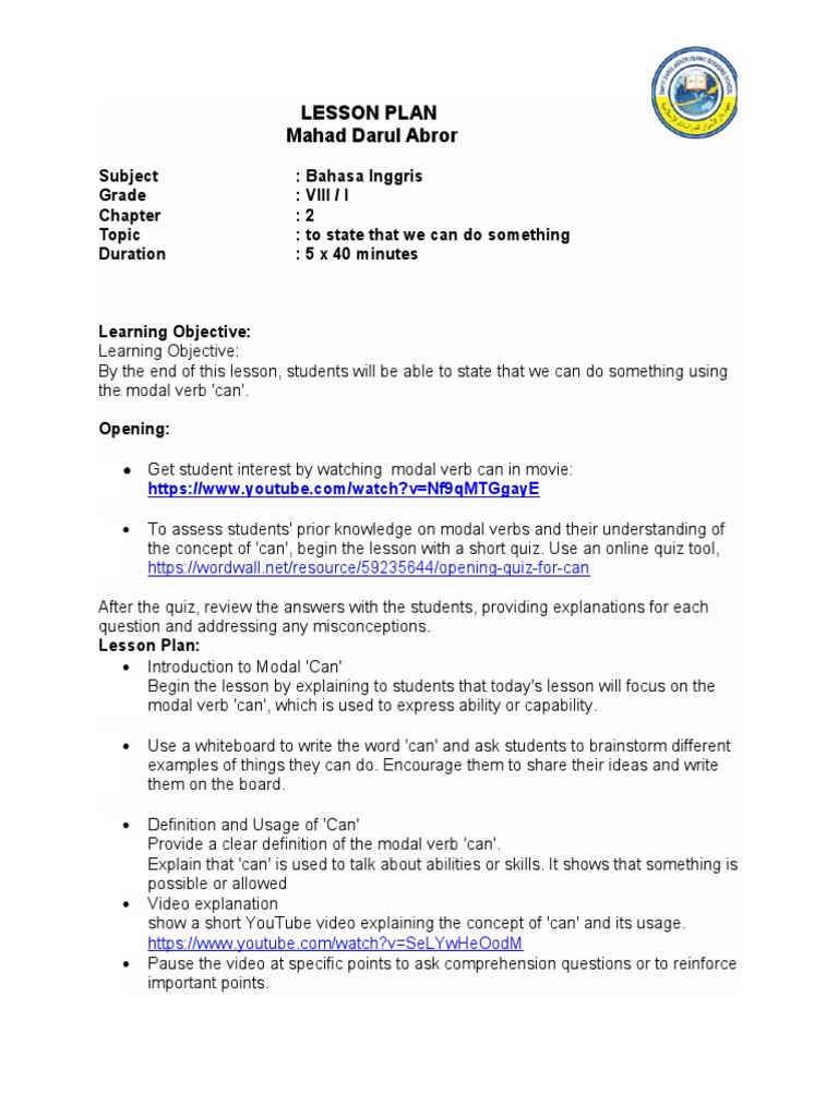 Lesson Plan Modal Can | PDF | Lesson Plan | Question