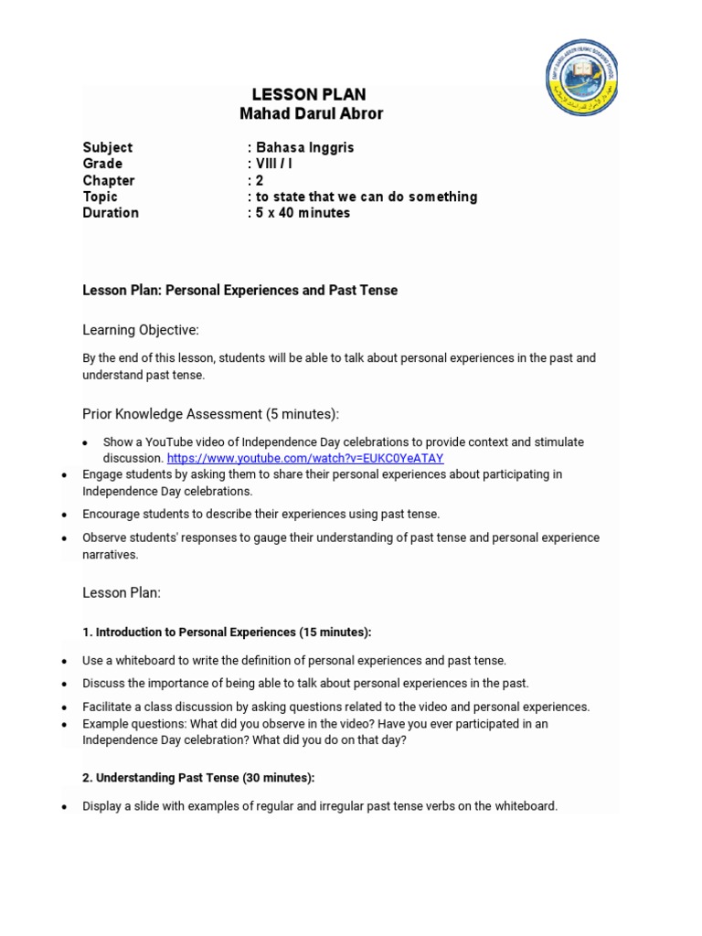 Lesson Plan Past Tense | PDF | Grammatical Tense | Experience