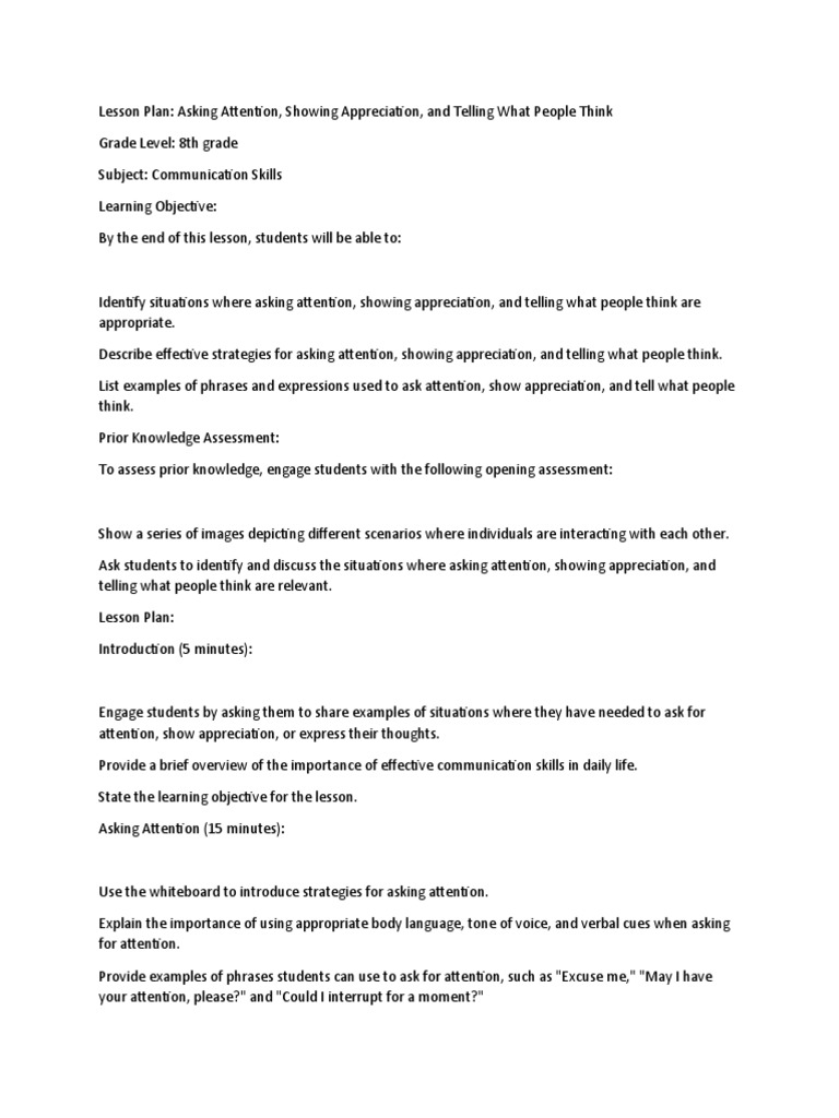 Lesson Plan Asking Attention | PDF | Attention | Communication