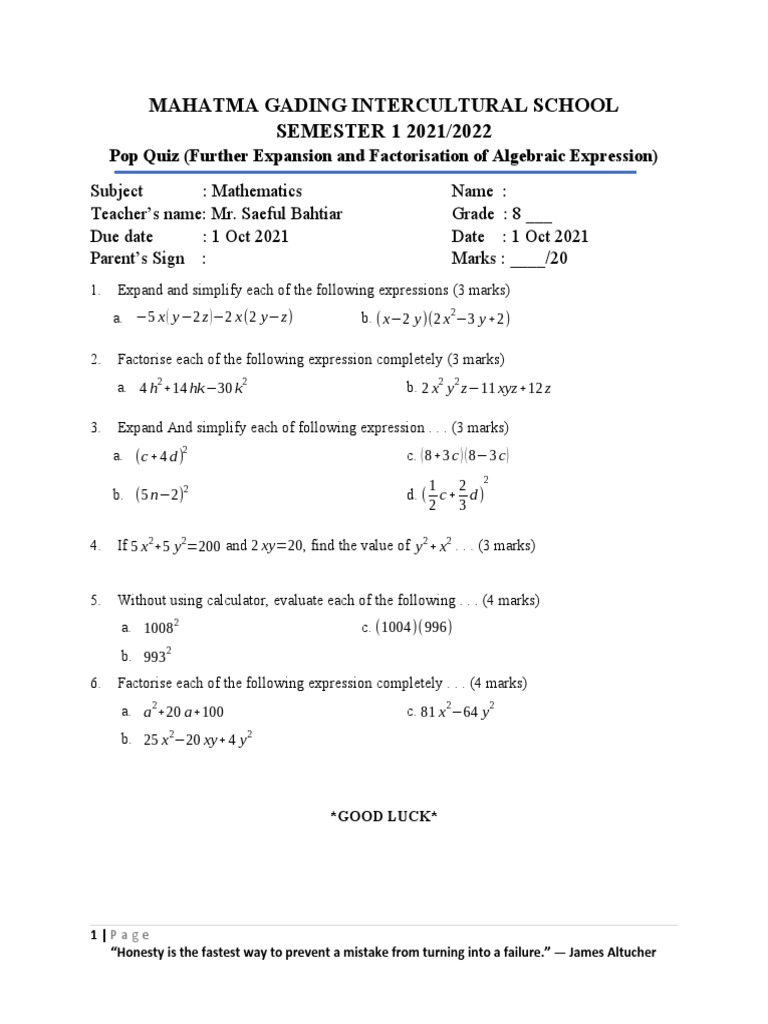 Grade 8 Algebra Quiz Expansion & Factorization | PDF