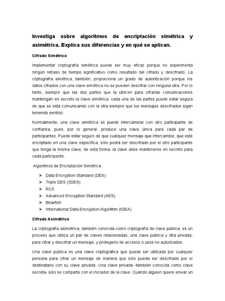 algoritmos de encriptación simétrica y asimétrica | PDF | Criptografía ...