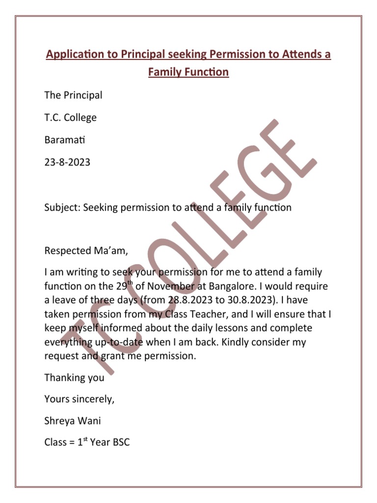 Application To Principal Seeking Permission To Attends A Family ...