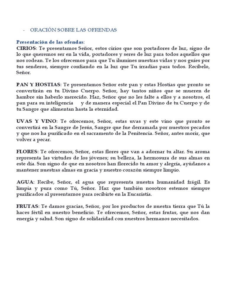 Oración de Ofrendas | PDF | Cocina, comidas y vino