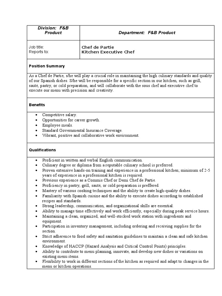 Chef de Partie Job Description | Download Free PDF | Chef | Hazard ...