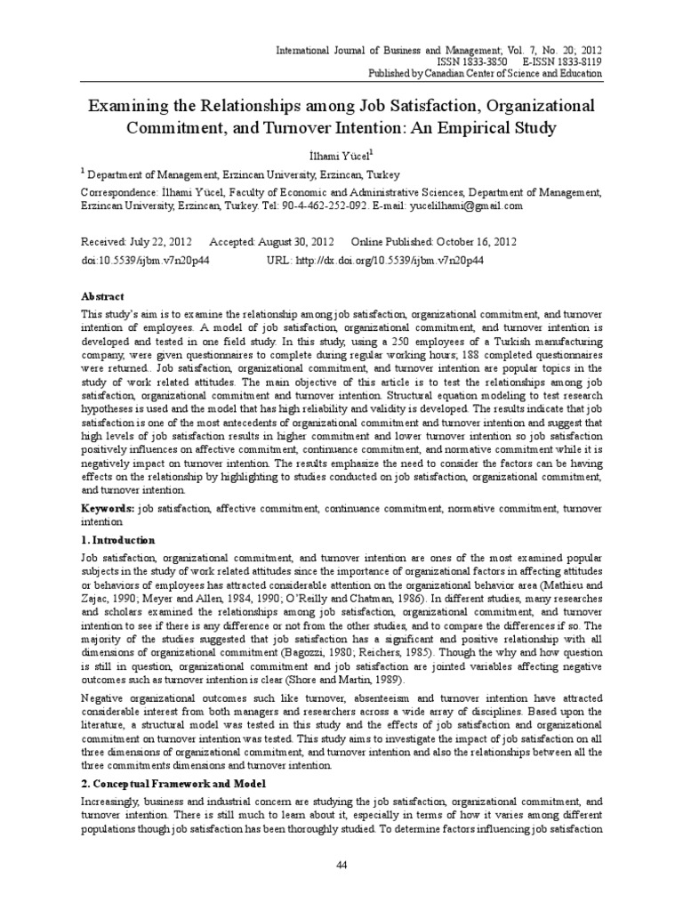 Examining The Relationships Among Job Satisfaction, Organizational Commitment, and Turnover ...
