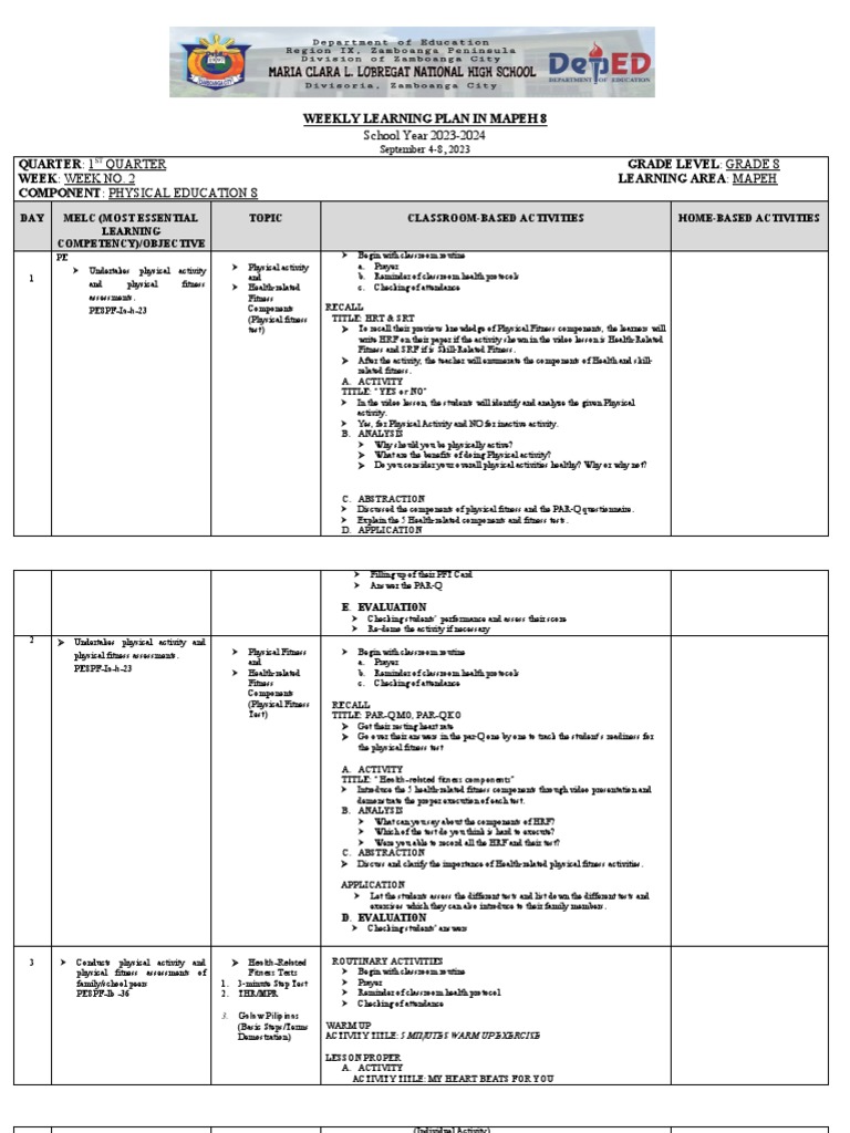 Q1 WLP - PE - Week 2 2023 2024 | PDF | Physical Fitness | Heart Rate
