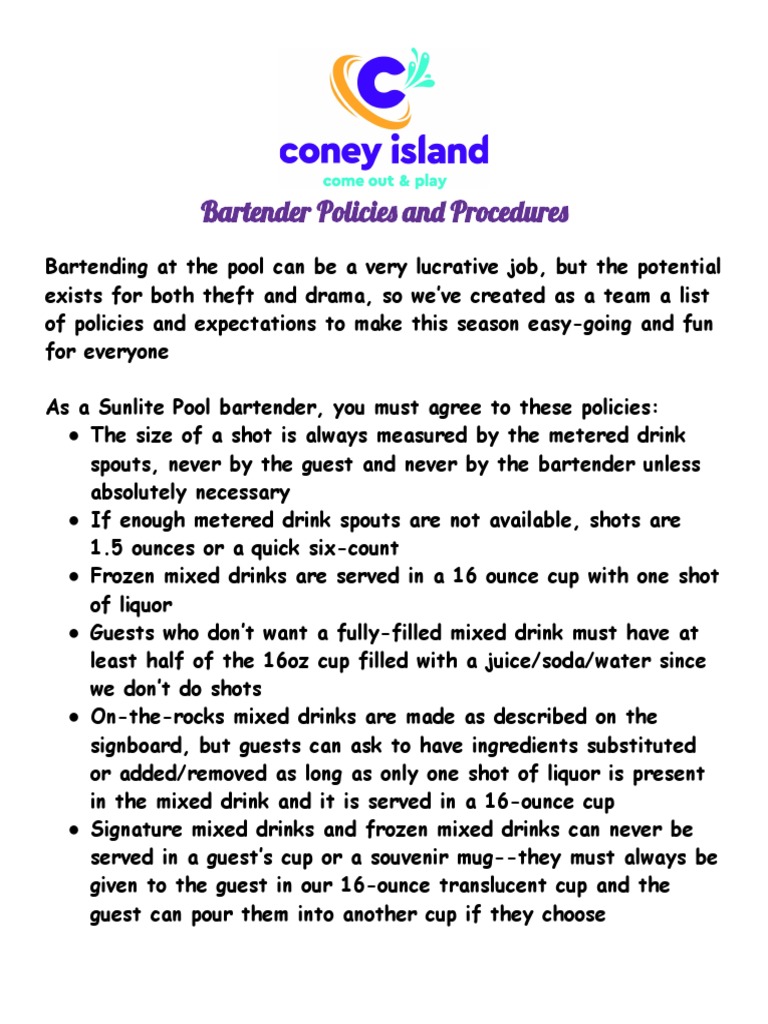 Bartender Policies and Procedures | PDF | Drink | Food And Drink
