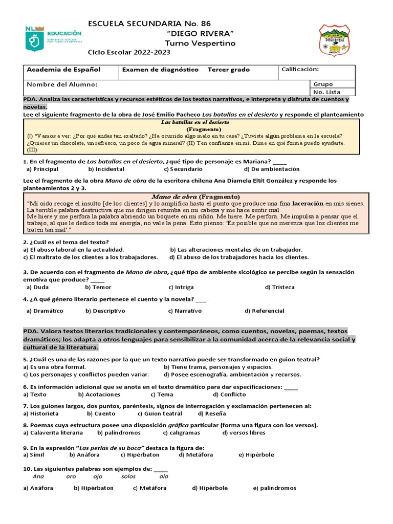Examen Diagnóstico Español 3° Grado | PDF | Estudios de idiomas ...