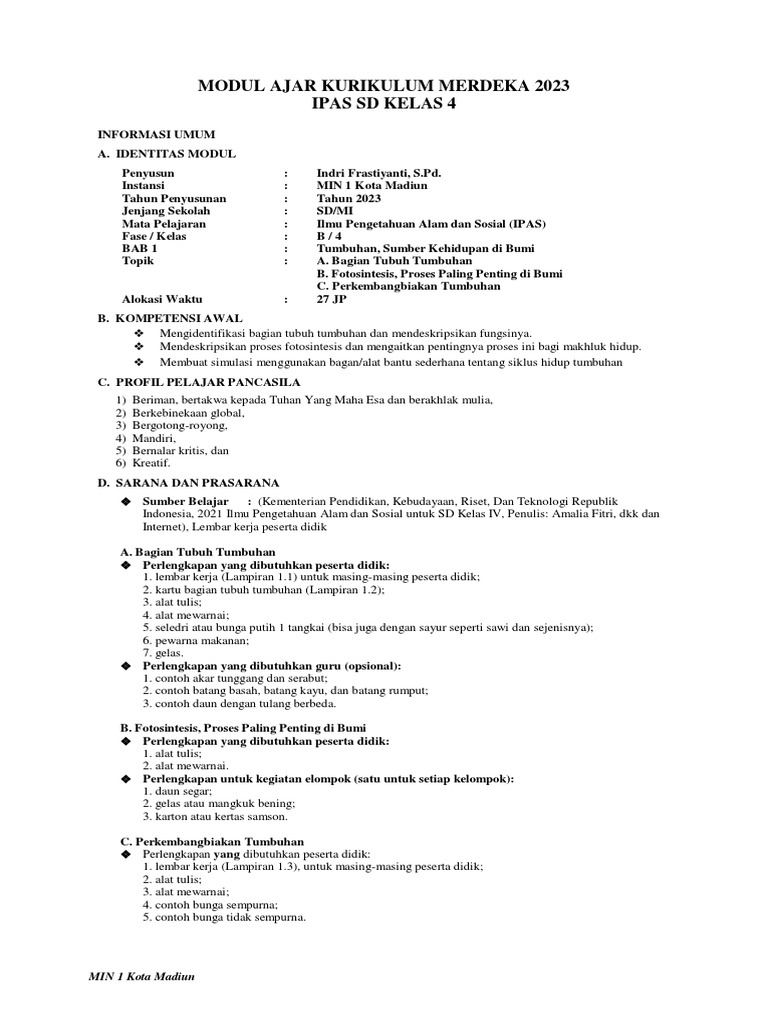 8. MODUL AJAR IPAS K4 BAB 1 | PDF