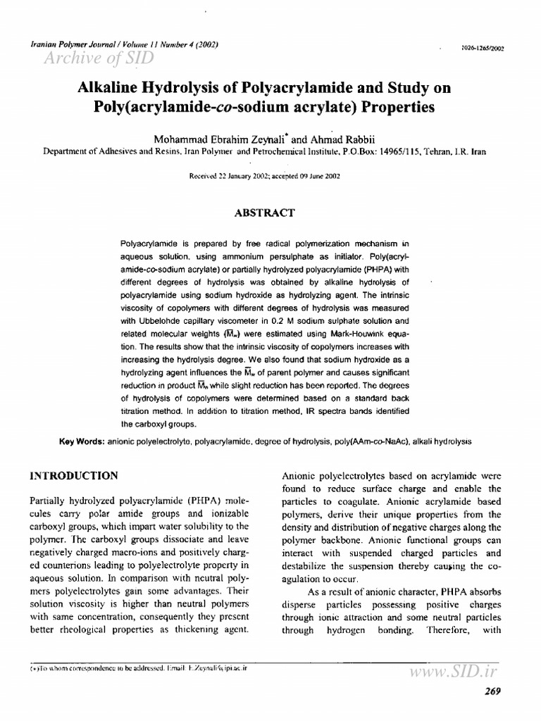 Archive of SID: Alkaline Hydrolysis of Polyacrylamide and Study On Poly (Acrylamide-Co-Sodium ...