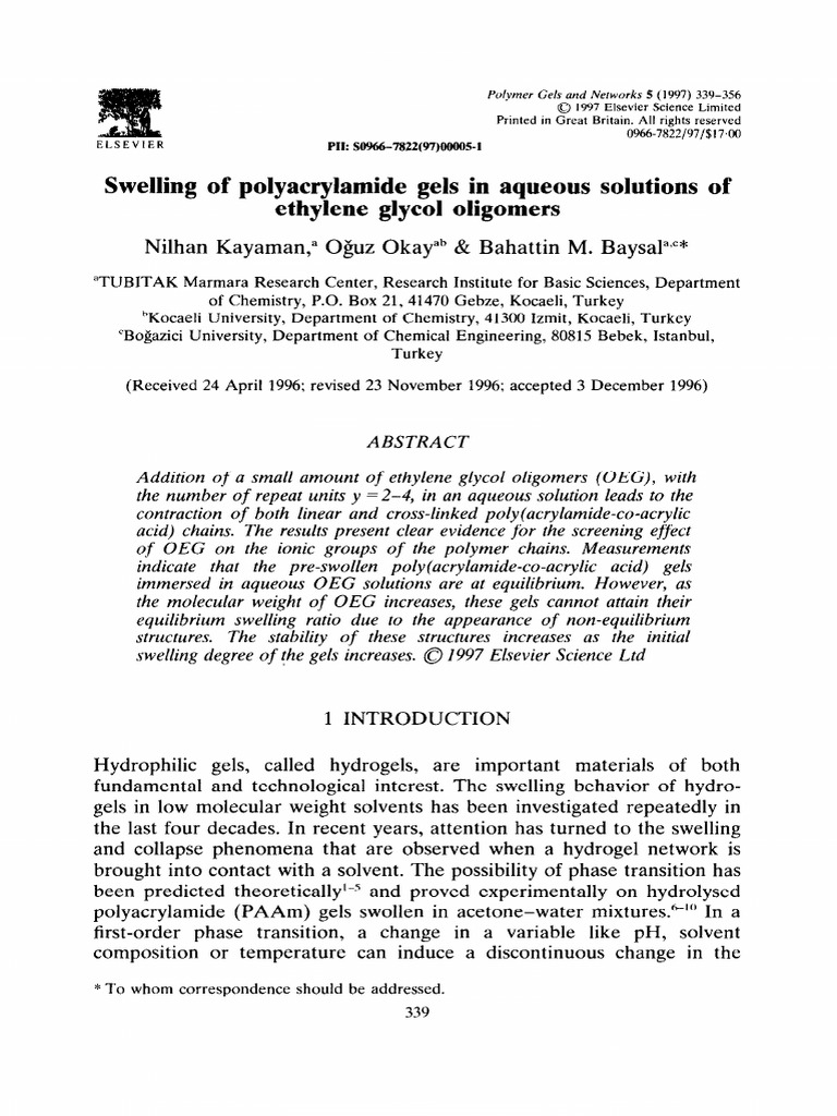 Swelling of Polyacrylamide Gels in Aqueous Solutions of Ethylene Glycol Oligomers | Download ...